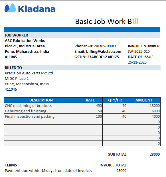 Job Work Bill Format in Excel | Free Invoice Template XLSX